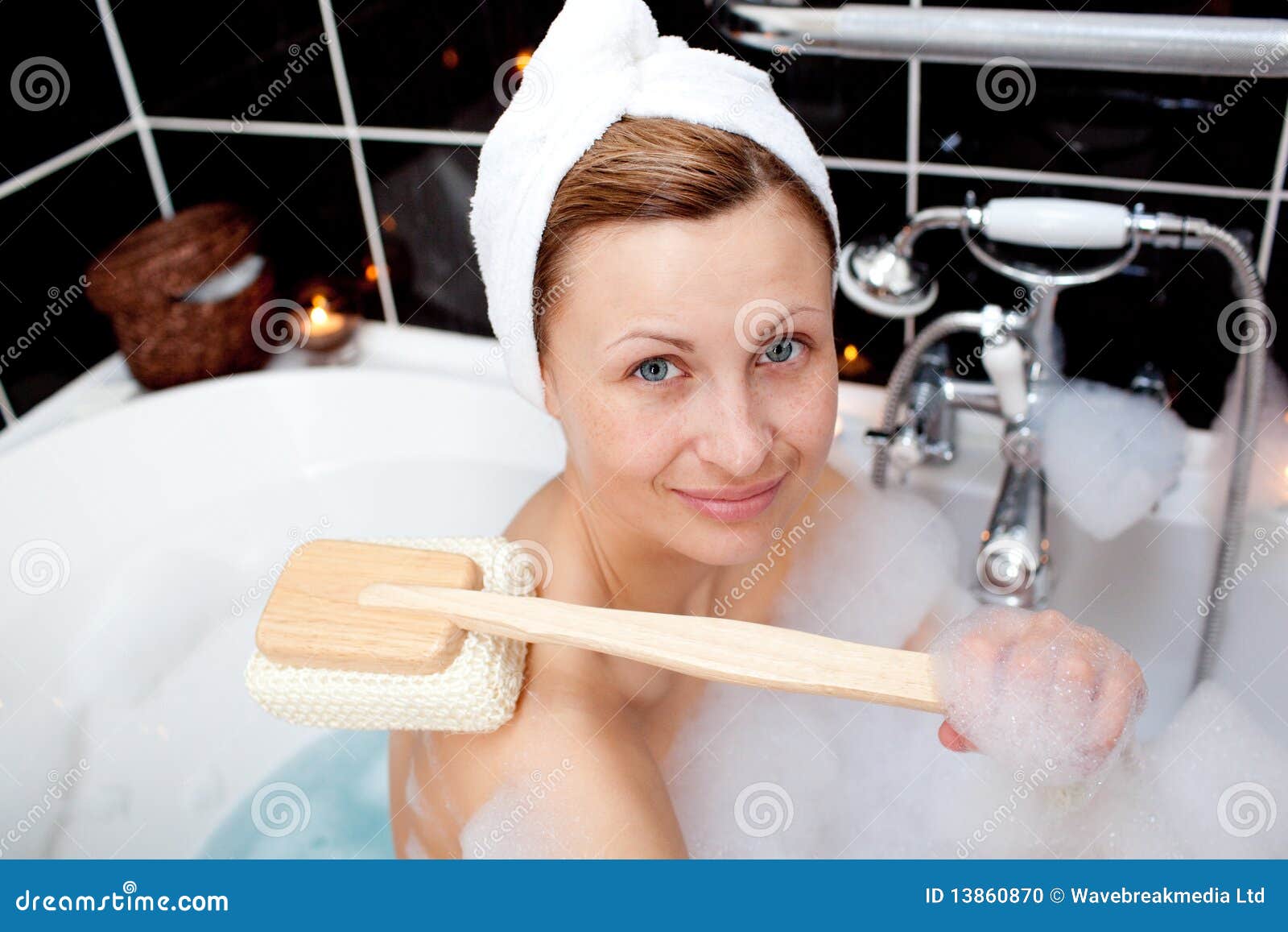 Smiling Woman Taking in a Bubble Bath Stock Photo - Image of skin ...