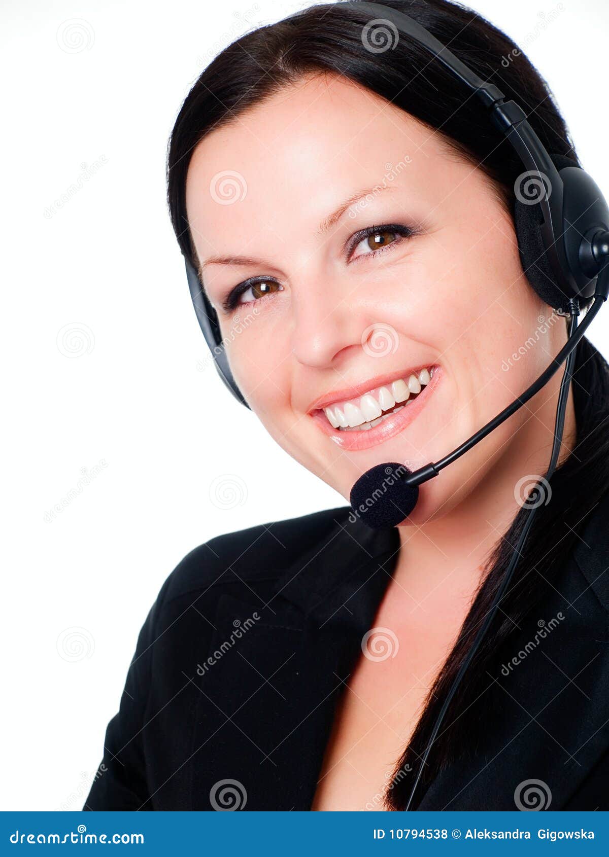 Smiling Woman Talking by Headphone Stock Photo - Image of office ...