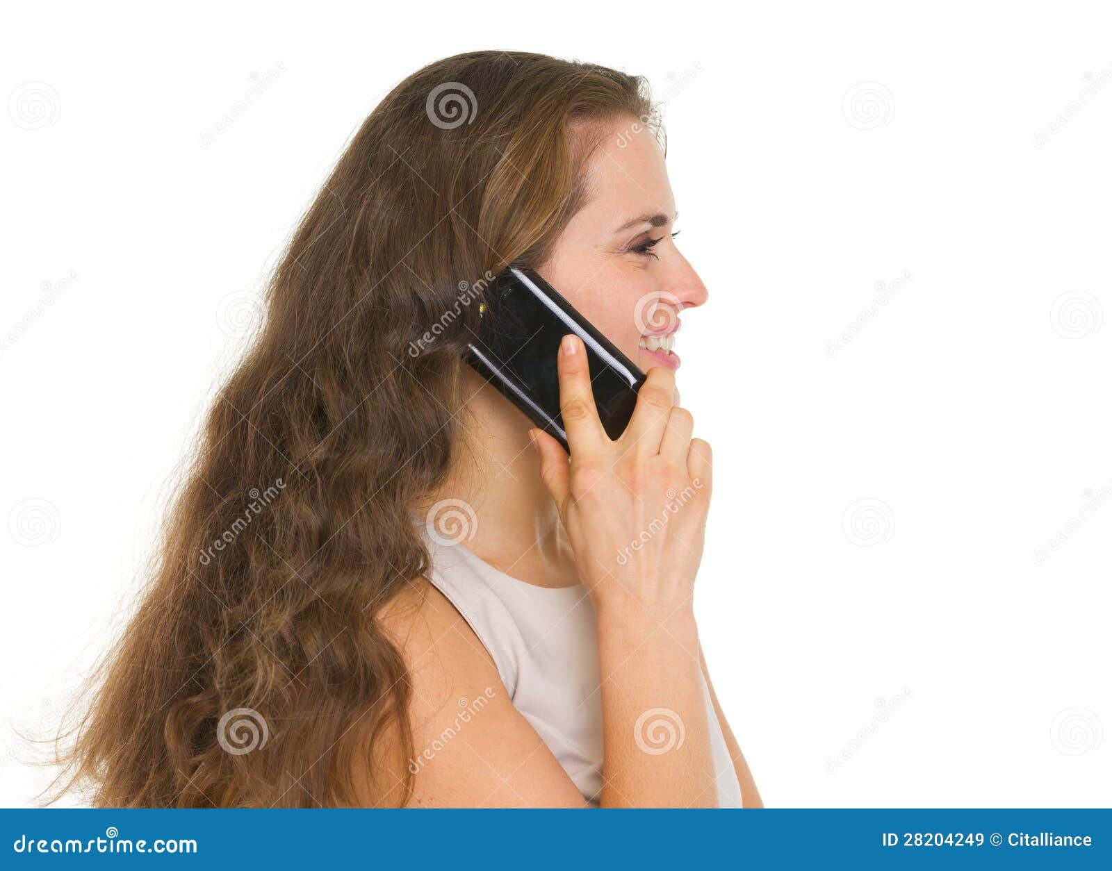 Smiling Woman Talking Mobile Phone. Side View Stock Image - Image of ...
