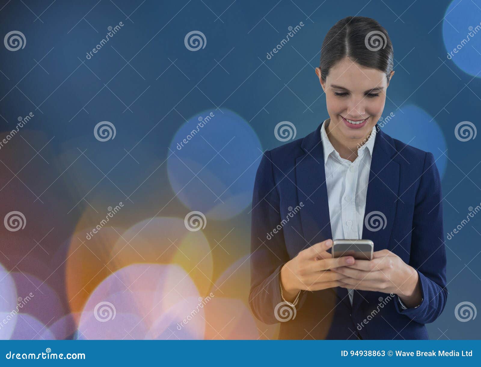 Smiling Woman Texting Against Colored Lights Background Stock Image ...