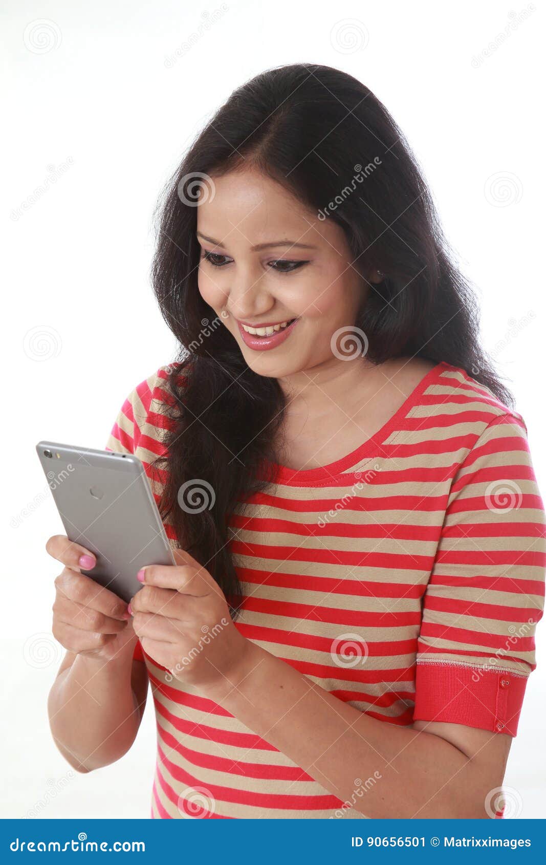 Smiling Woman Texting With Her Cellphone Against White Stock Image ... Smiling Woman Texting With Her Cellphone Against White Stock Image ...