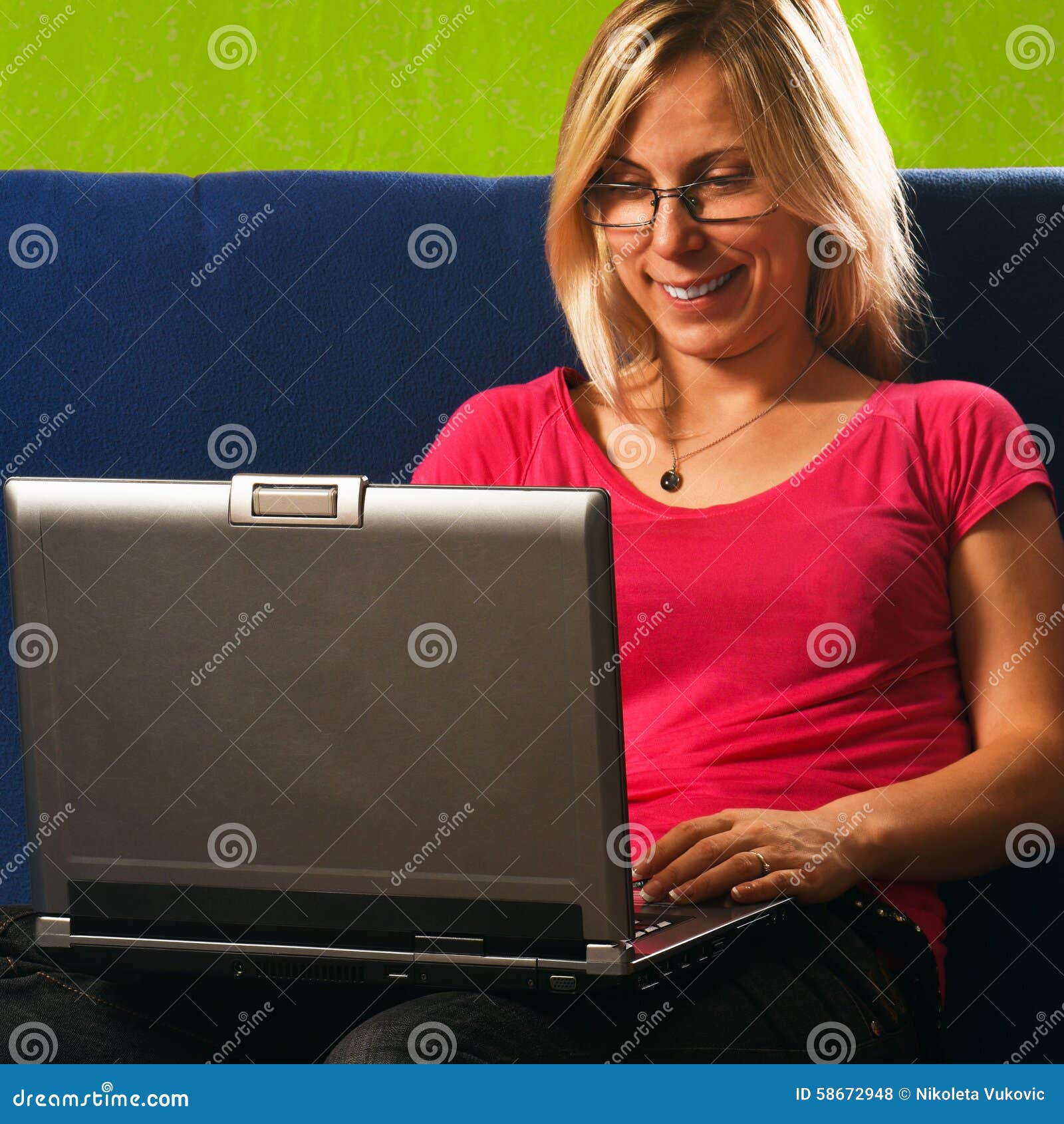 Smiling Woman is Typing on Laptop Stock Photo - Image of type, laptop ...