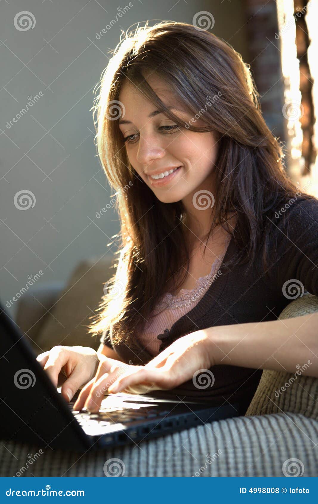 Smiling Woman Using Computer Stock Photo - Image of relaxing ...