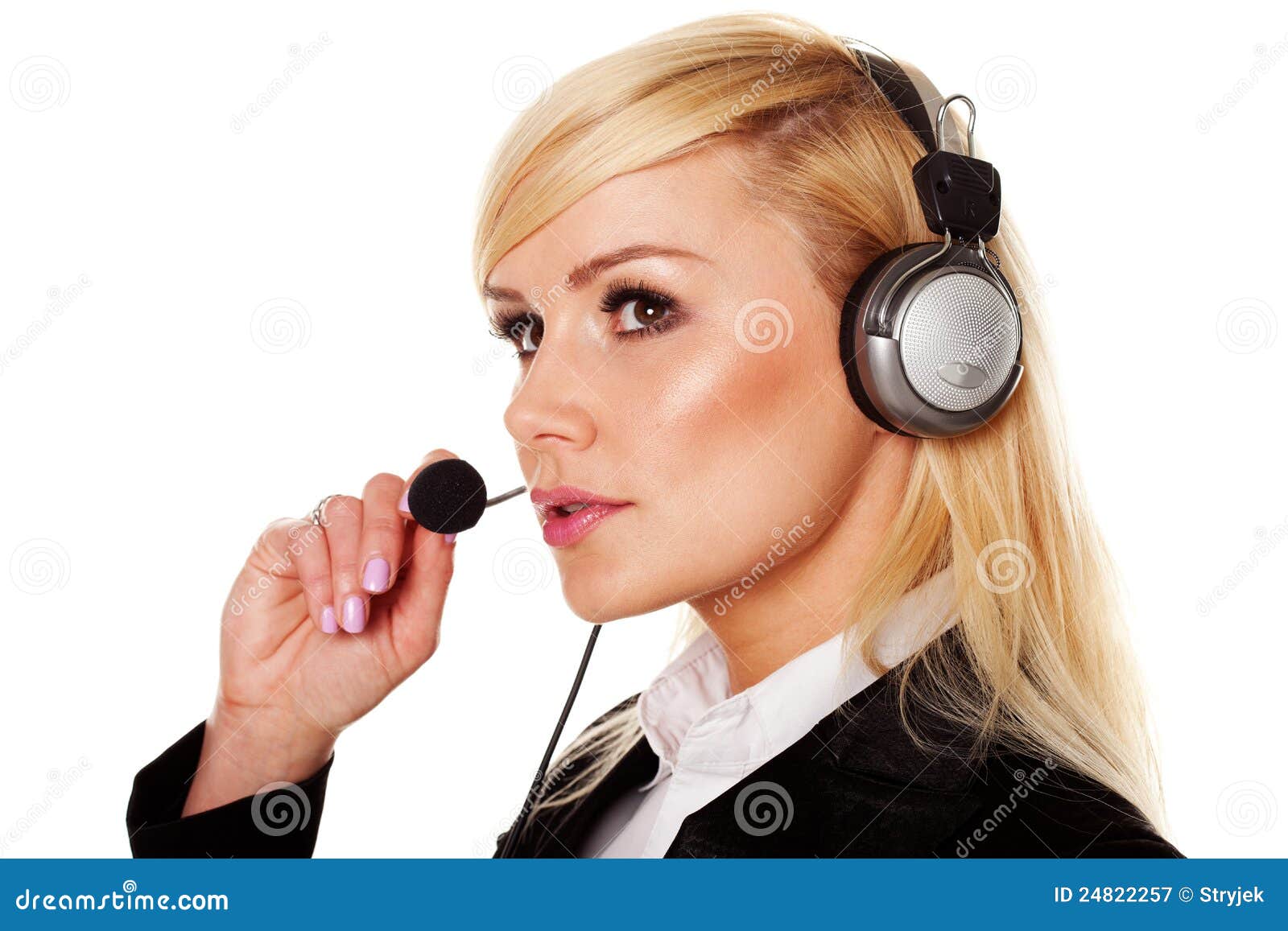 Smiling Woman Using Headphones and Mike Stock Image - Image of beauty ...