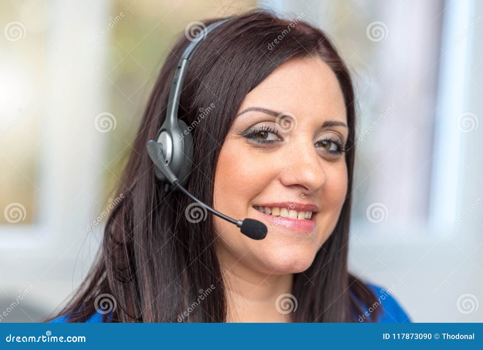 Smiling Woman Using an Headset Stock Photo - Image of portrait, face ...
