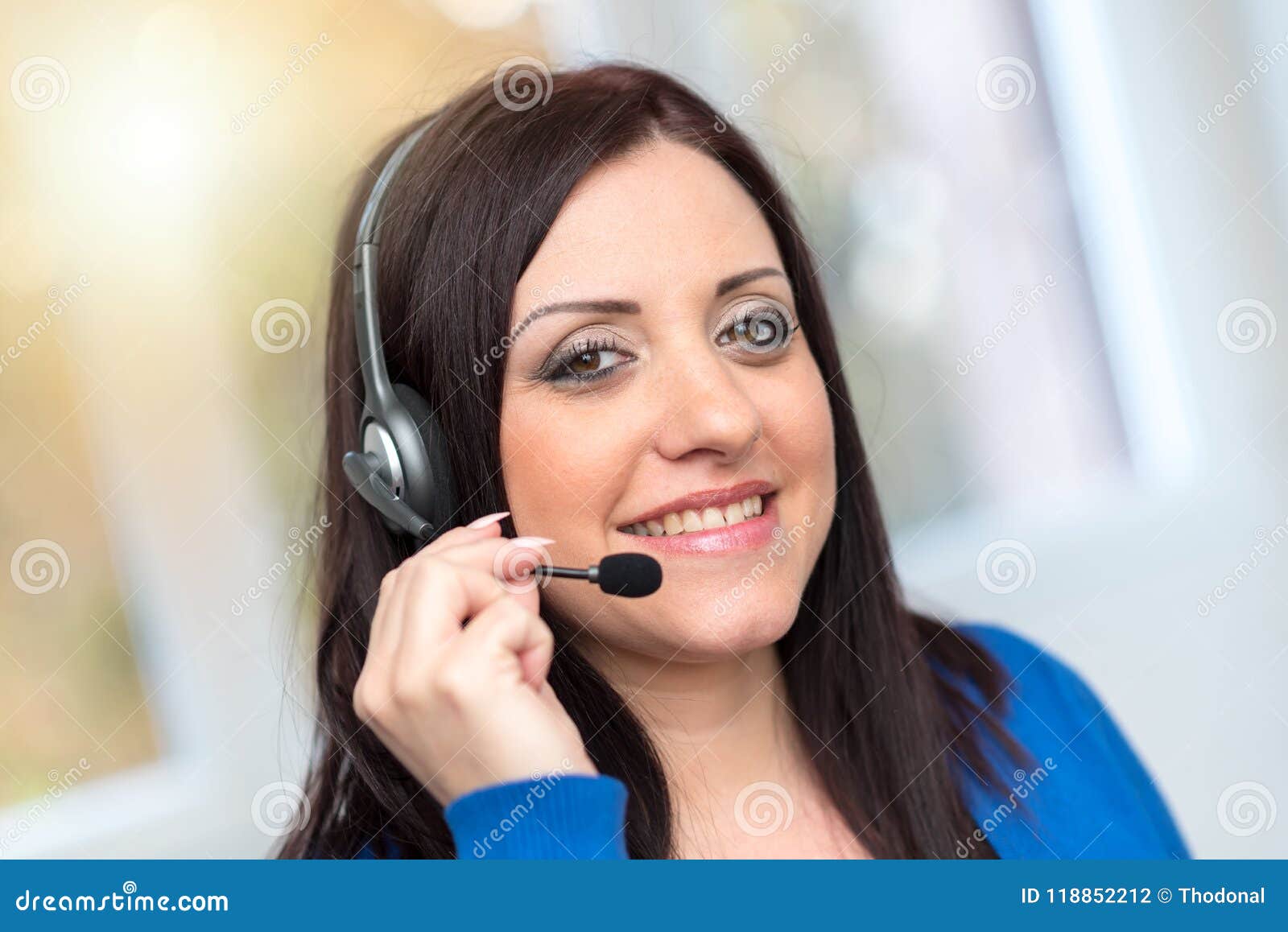 Smiling Woman Using an Headset Stock Photo - Image of operator ...