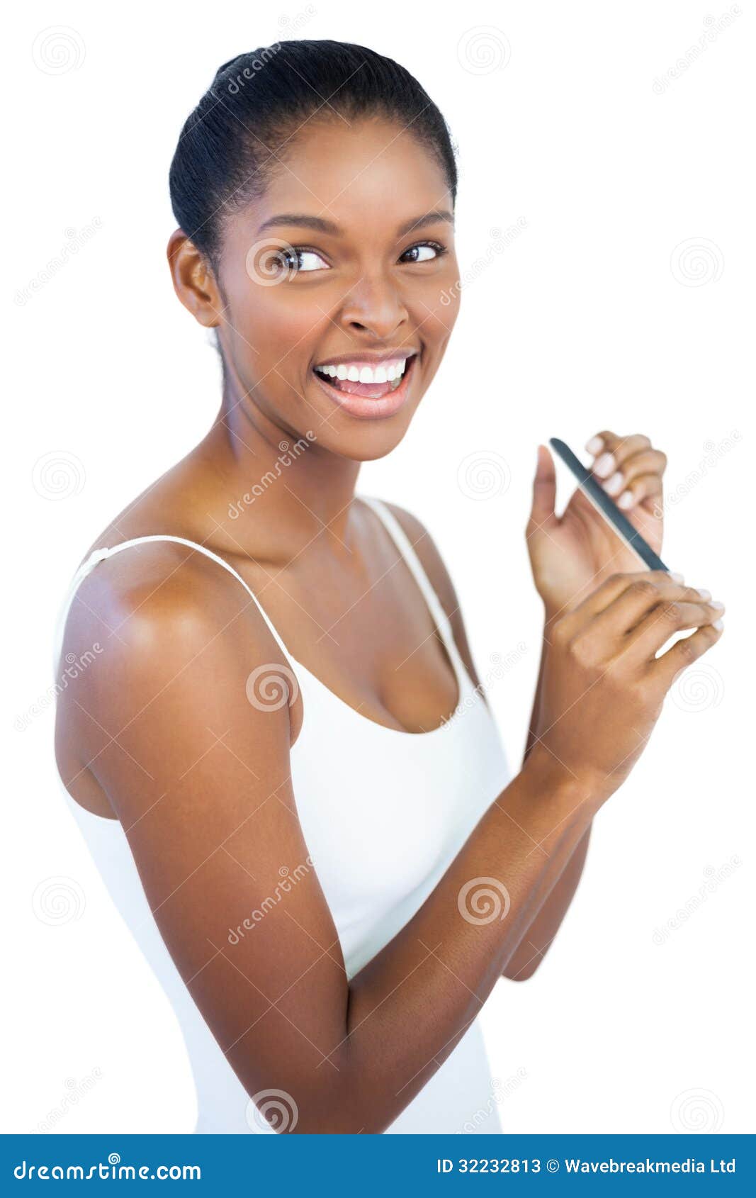 Smiling Woman Using Nail File Stock Image - Image of gorgeous ...