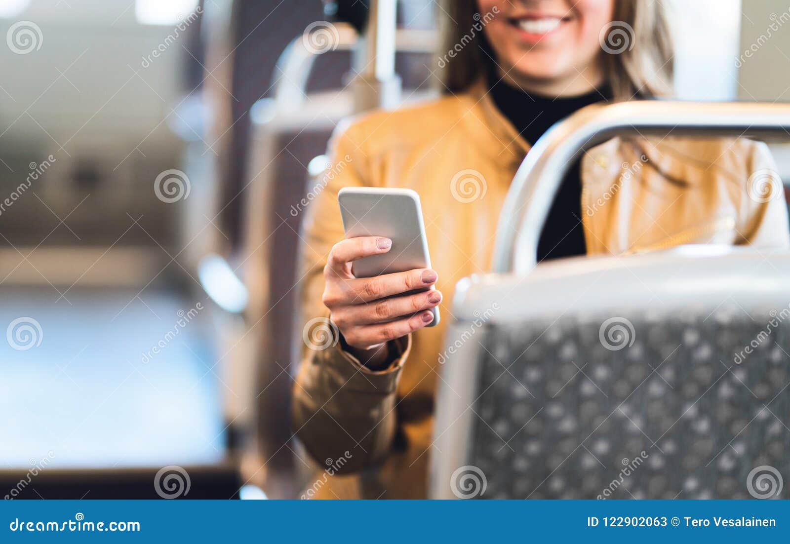 627 Woman Smiling Smartphone Bus Stock Photos - Free & Royalty-Free ...
