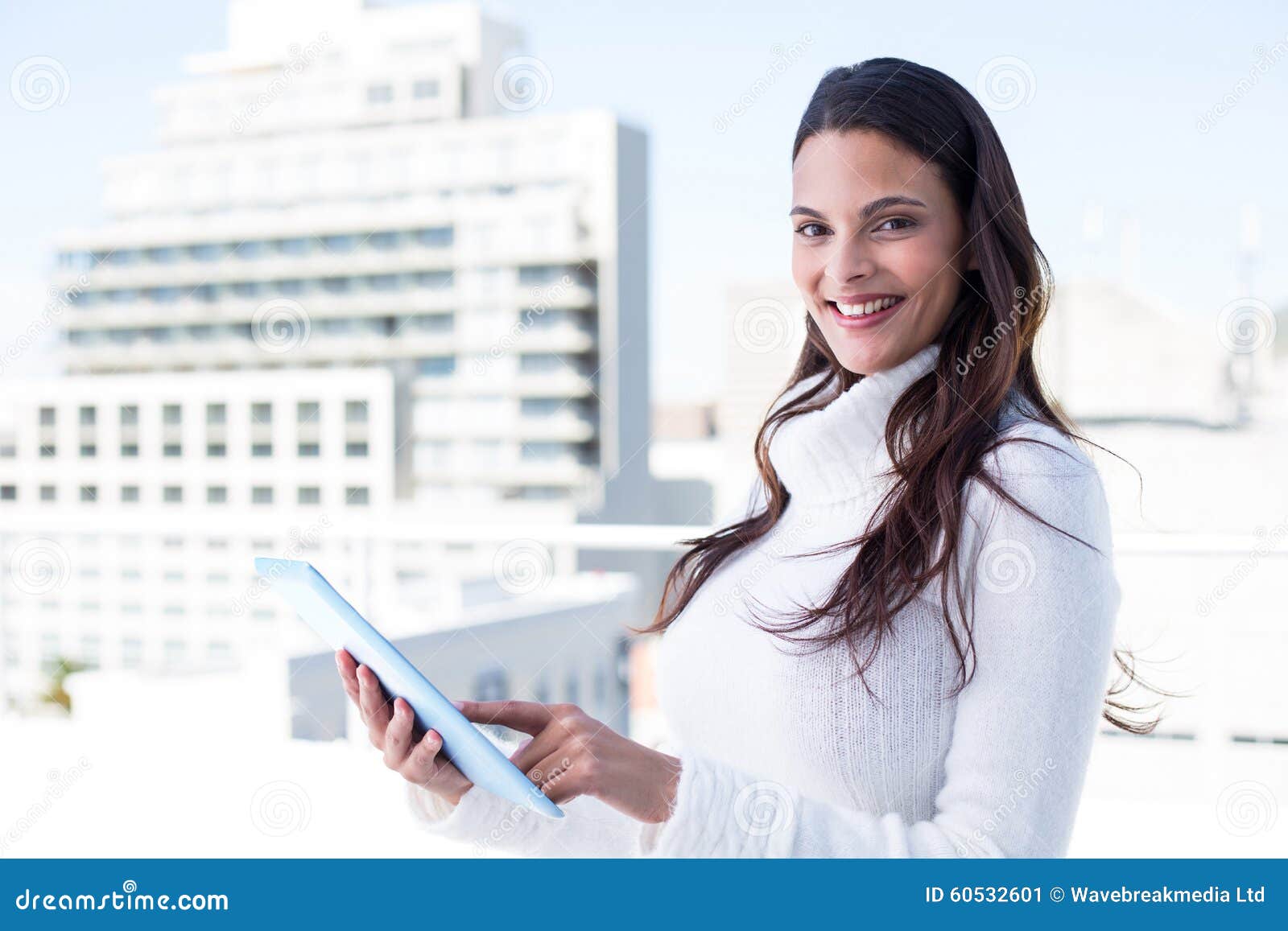Smiling Woman Using Tablet Pc Stock Image - Image of long, touchscreen ...