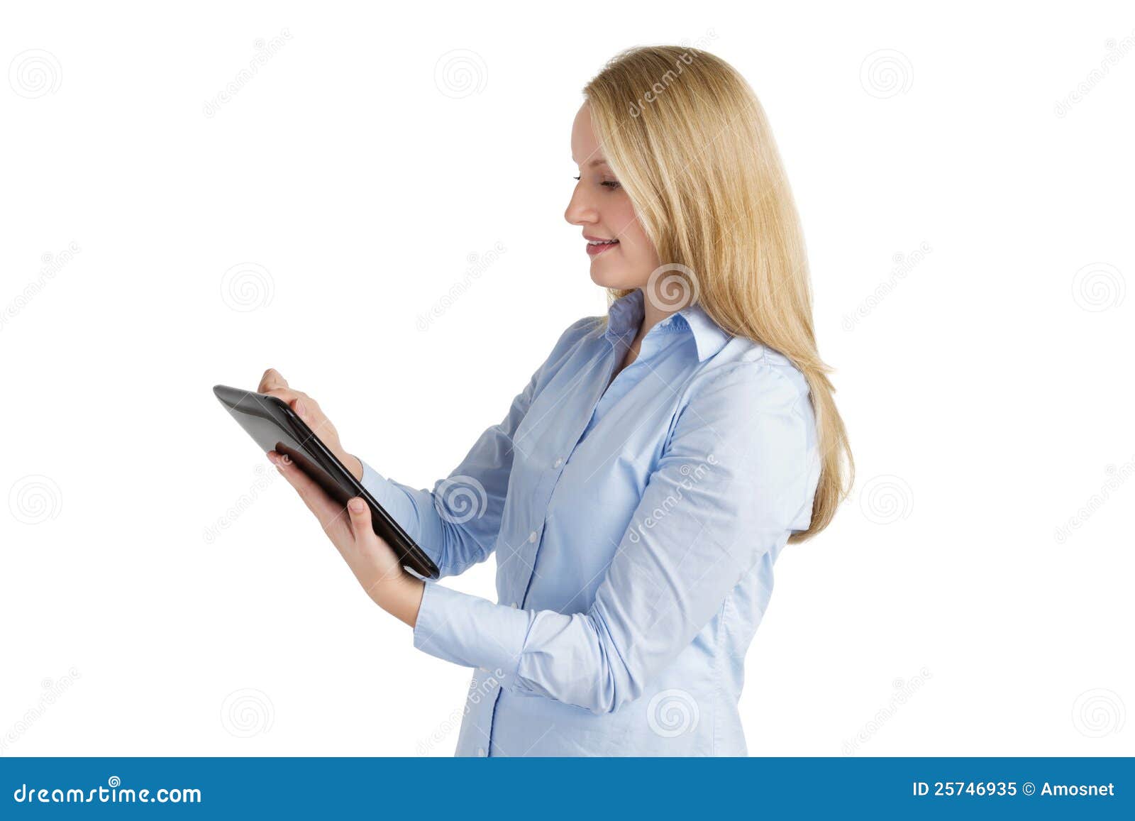 Smiling Woman Using a Touchscreen Tablet Stock Image - Image of happy ...