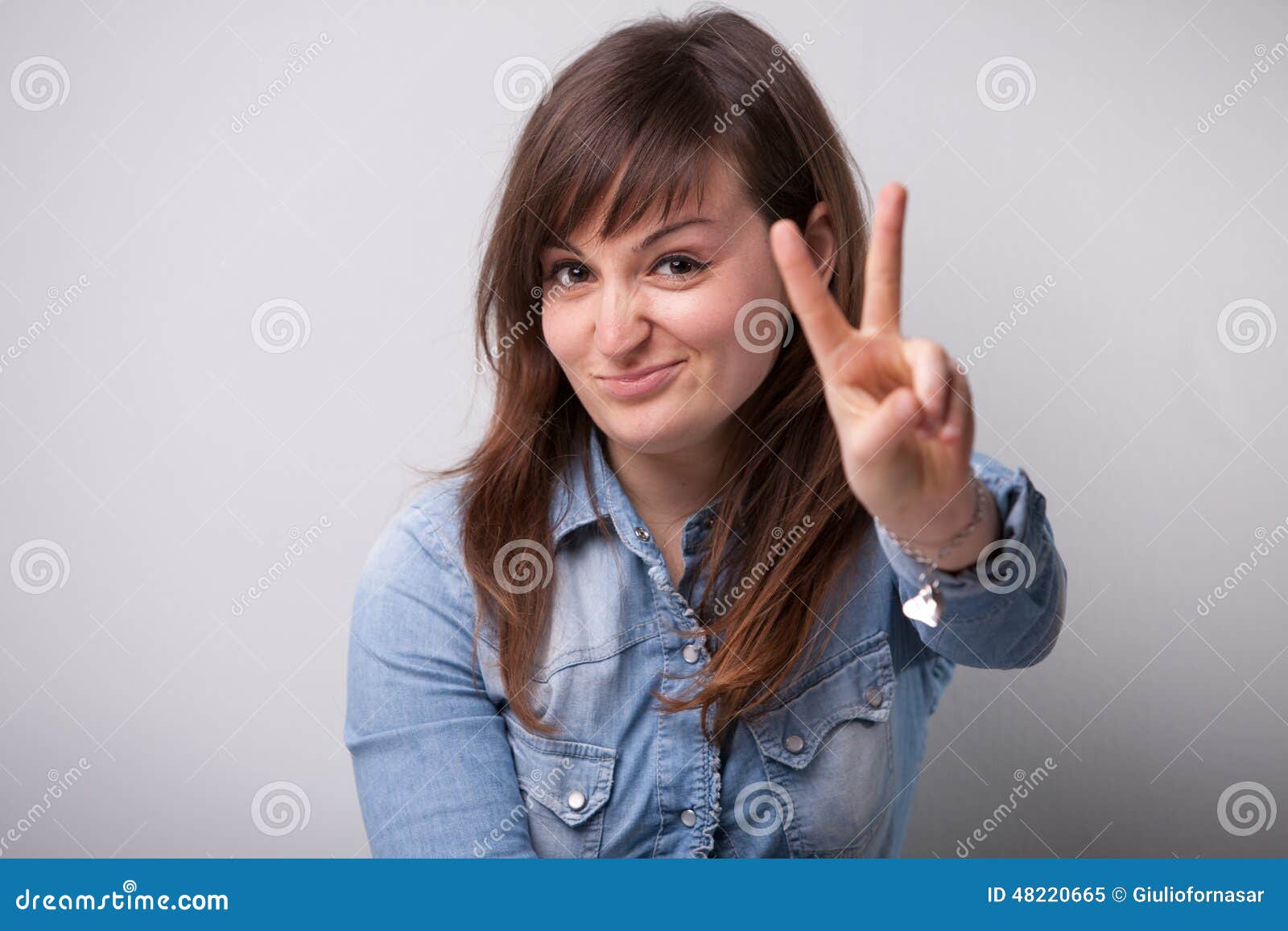 Smiling Woman Victory Gesture with Fingers Stock Image - Image of happy ...