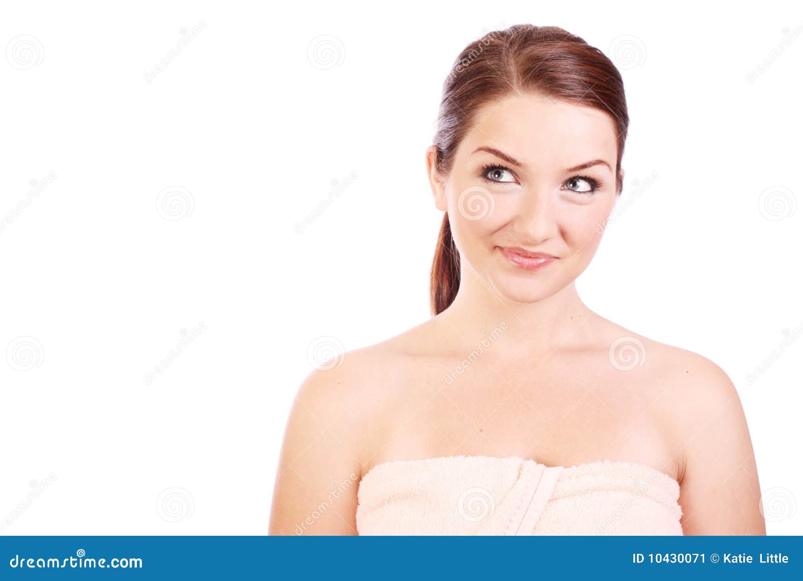 Smiling Woman Wearing Bath Towel Stock Image - Image of lady, blue ...
