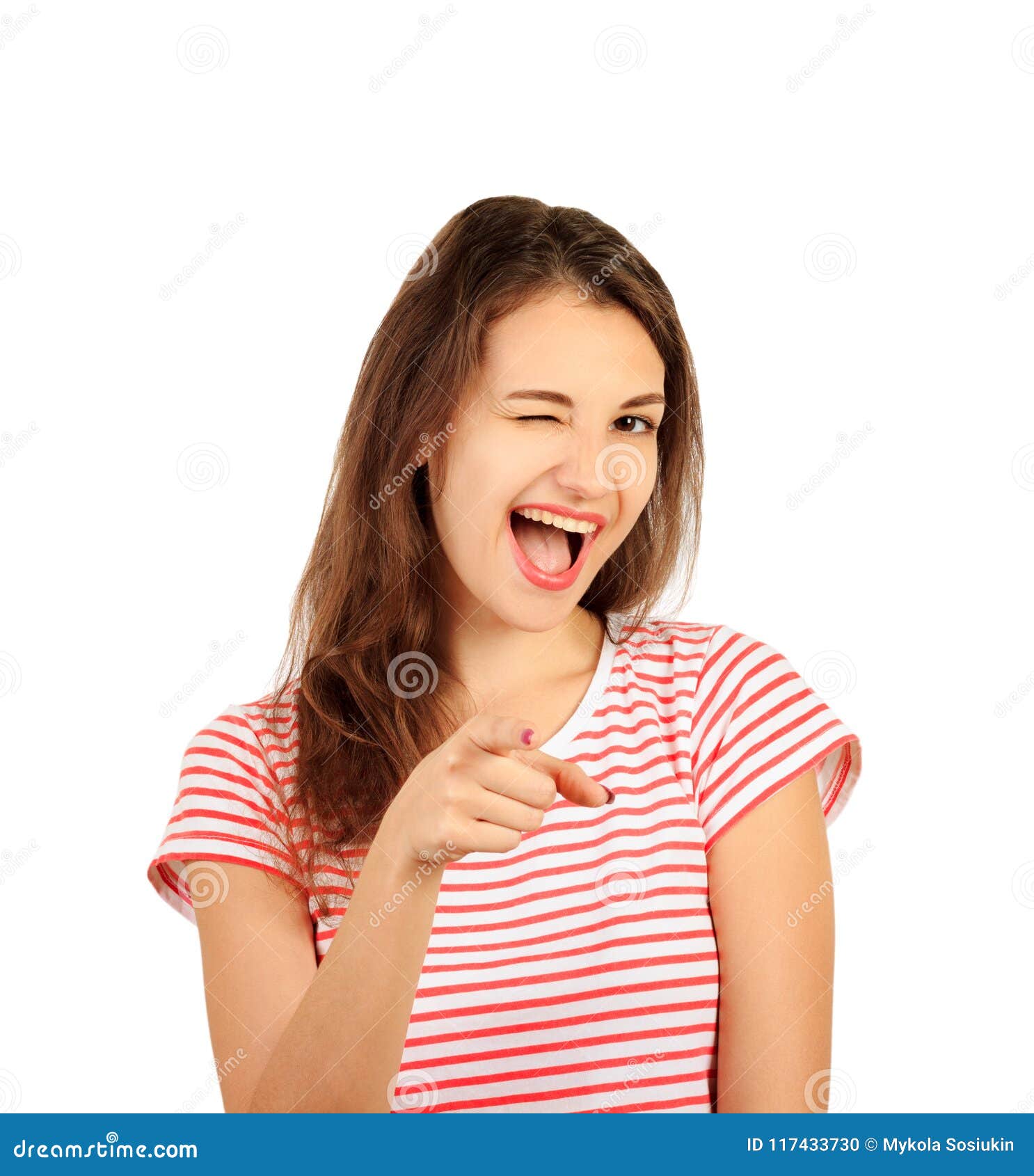Smiling Woman Wink And Pointing To Camera Emotional Girl Isolated On