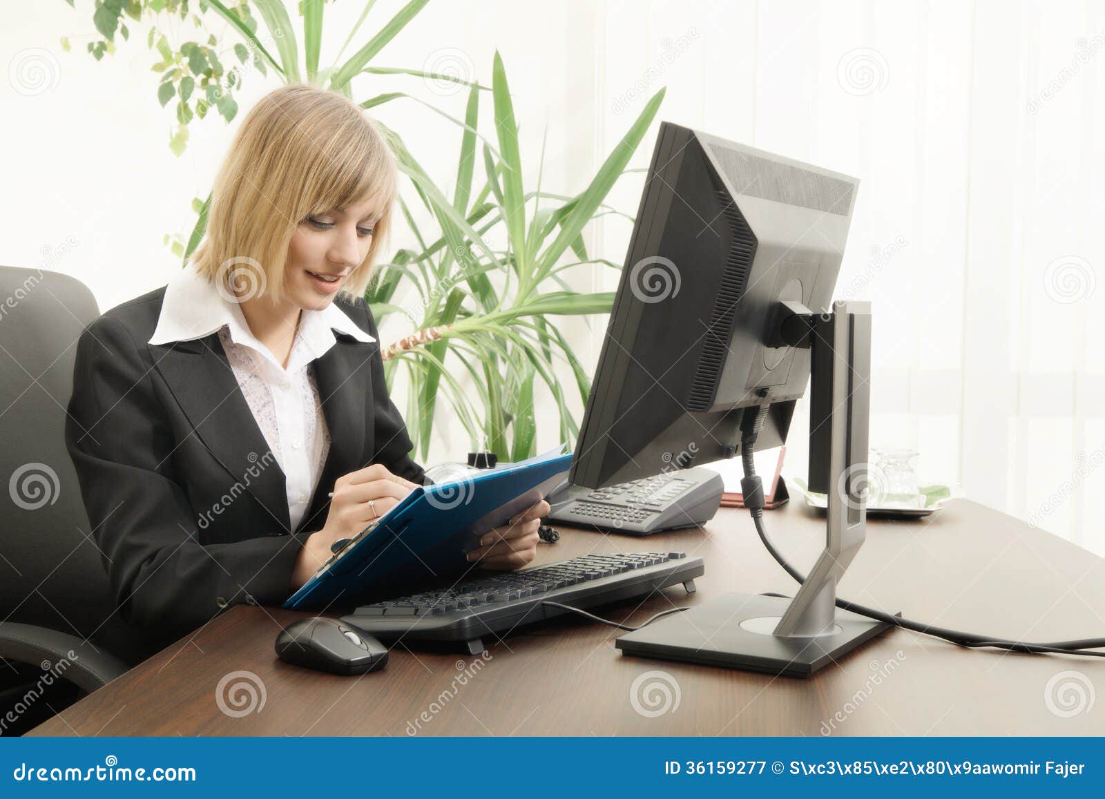 Smiling Woman Working with Computer Stock Image - Image of mouse ...