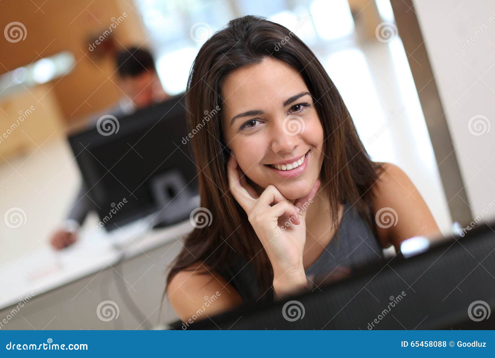 Smiling Woman Working at Office Stock Photo - Image of business ...