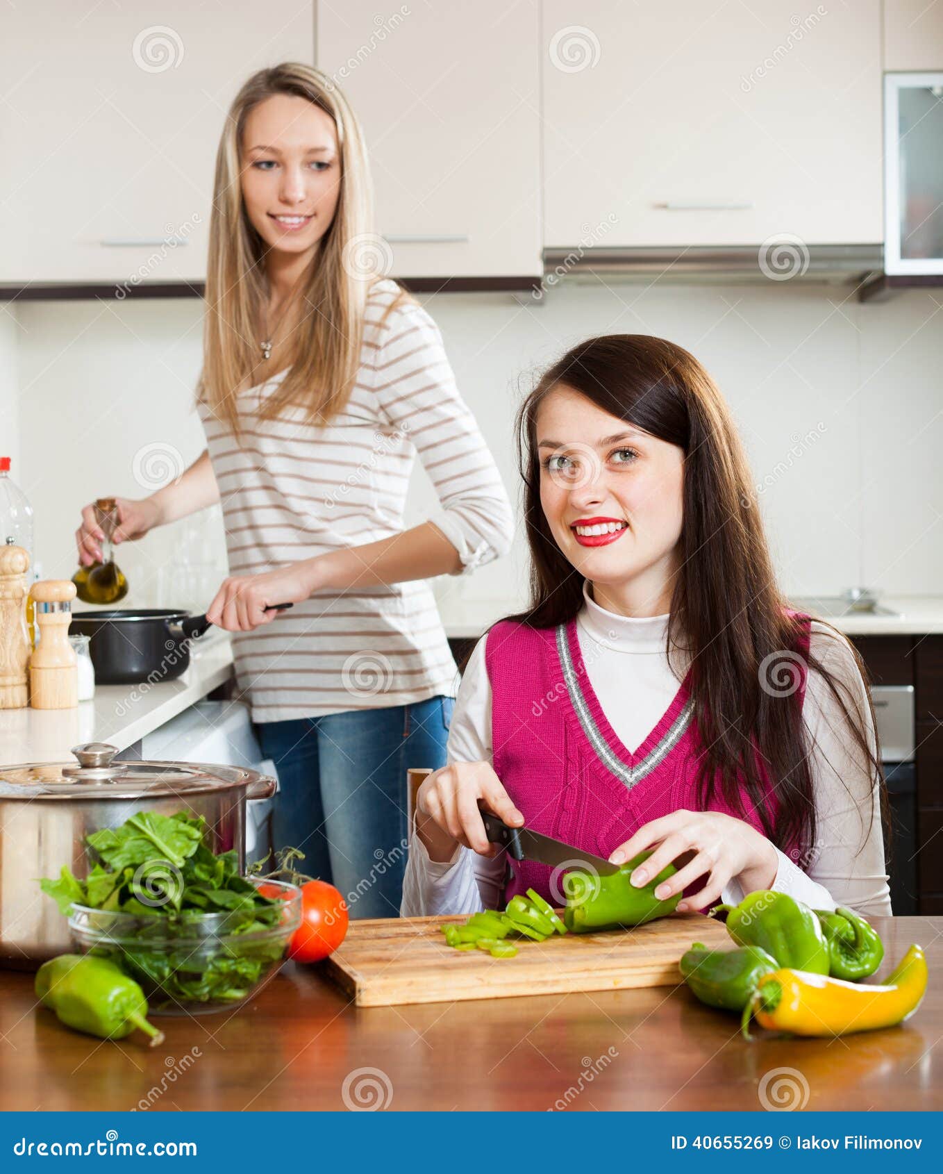 Smiling Women Cooking in Kitchen Stock Image - Image of soup, young ...