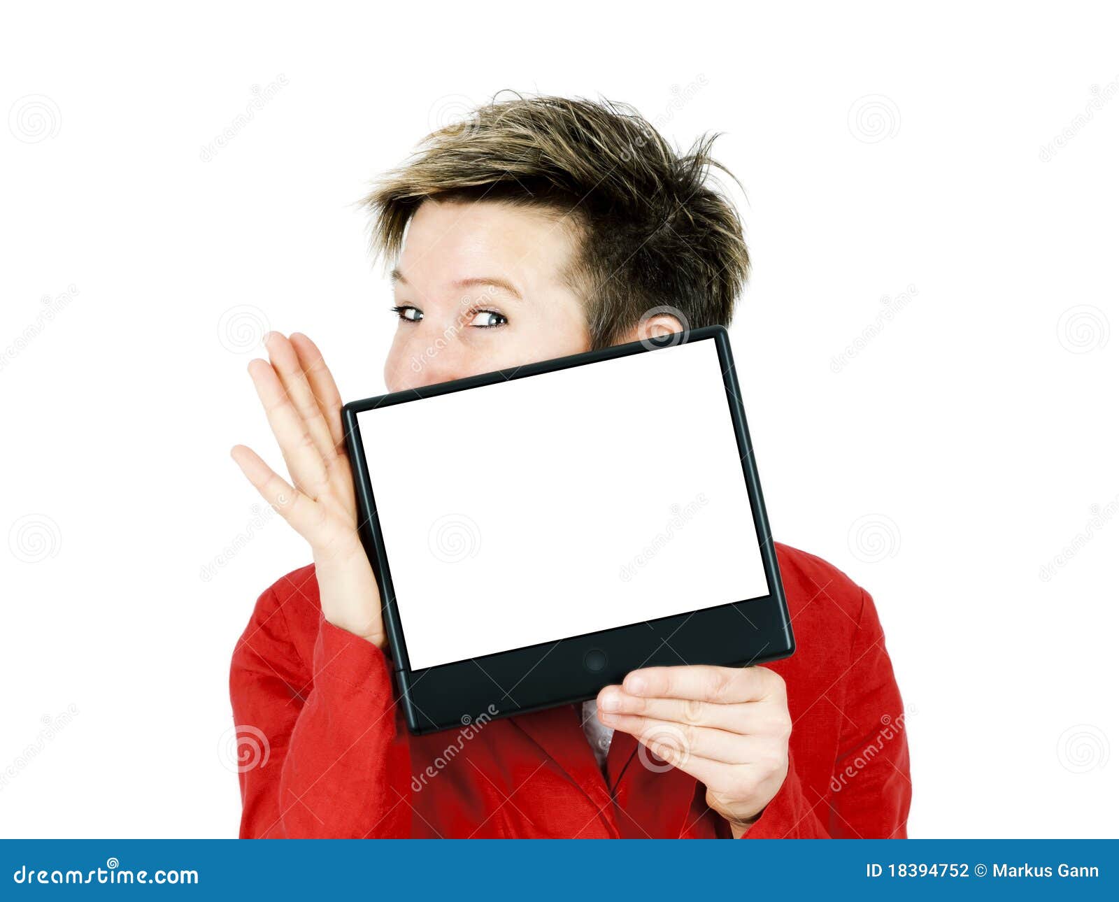 Smiling women presenting stock photo. Image of desk, empty - 18394752
