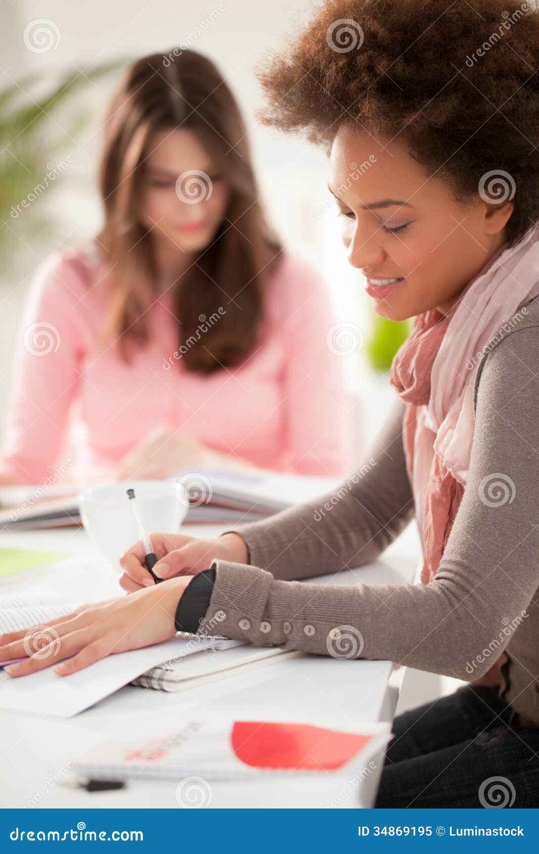 Smiling Women Studying Together Stock Image - Image of black, desk ...