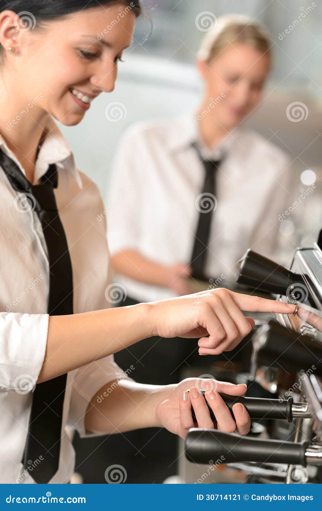 Smiling Women Waitress Preparing Coffee Machine Stock Image - Image of ...