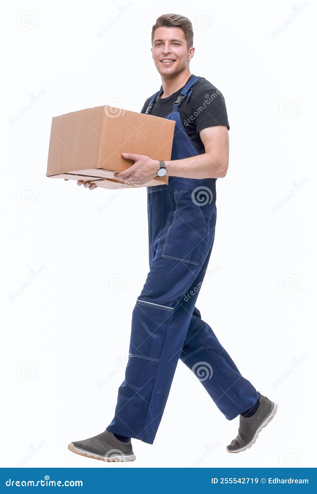 Smiling Worker with Cardboard Box Stepping Forward. Isolated on White ...