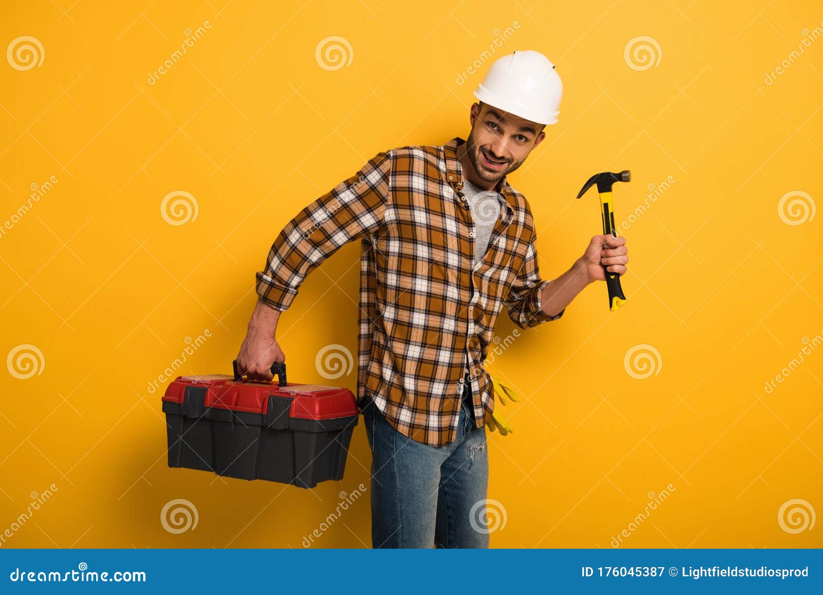 Worker in Hardhat Holding Toolbox and Stock Image - Image of smile ...