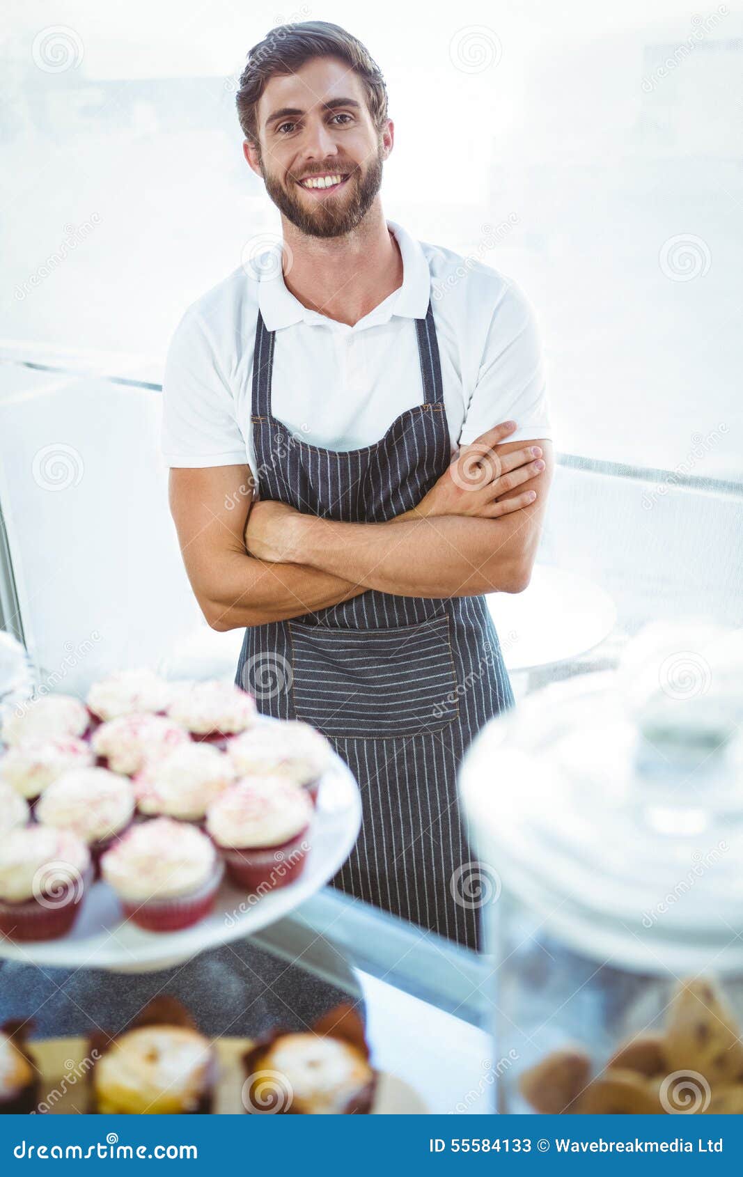 Smiling Worker Posing Behind the Counter Arm Crossed Stock Image ...