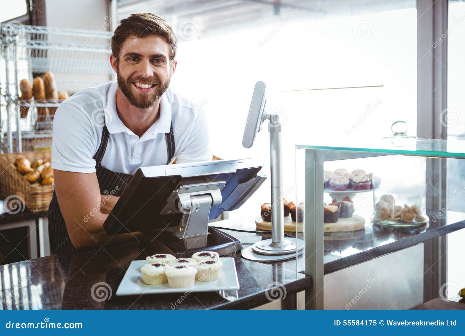 Smiling Worker Posing Behind the Counter Stock Image - Image of ...