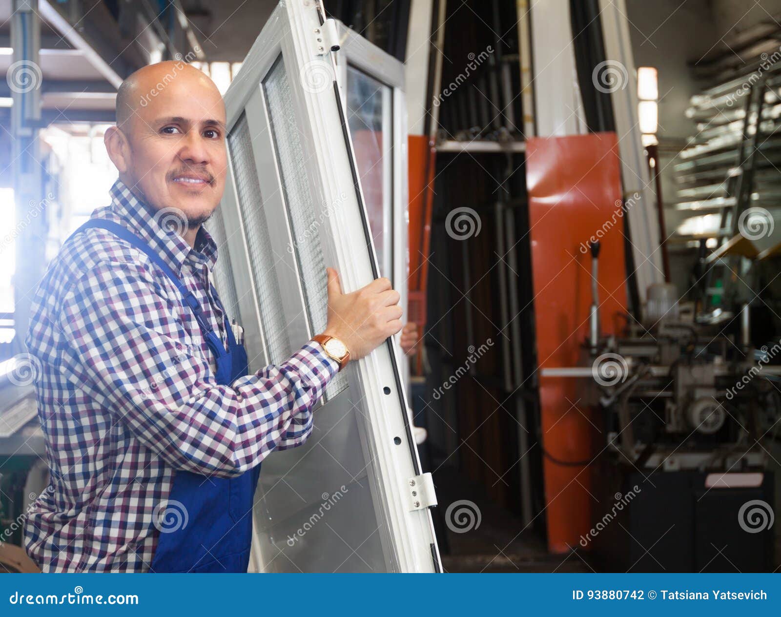 Smiling Worker at PVC Windows Factory Stock Photo - Image of plan ...