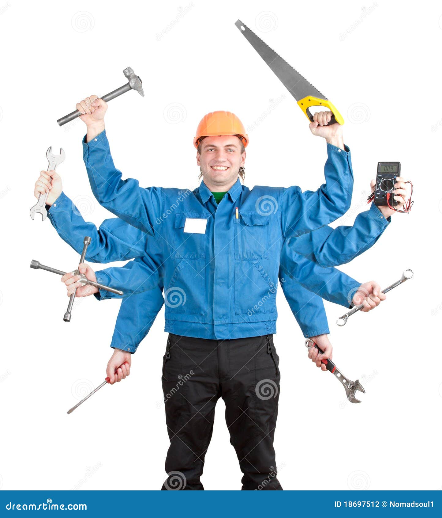 Smiling Worker with Tools in Many Hands Stock Photo - Image of ...
