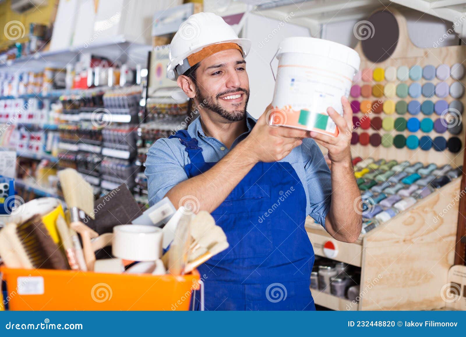 Smiling Workman Choosing Materials Stock Photo - Image of warehouse ...