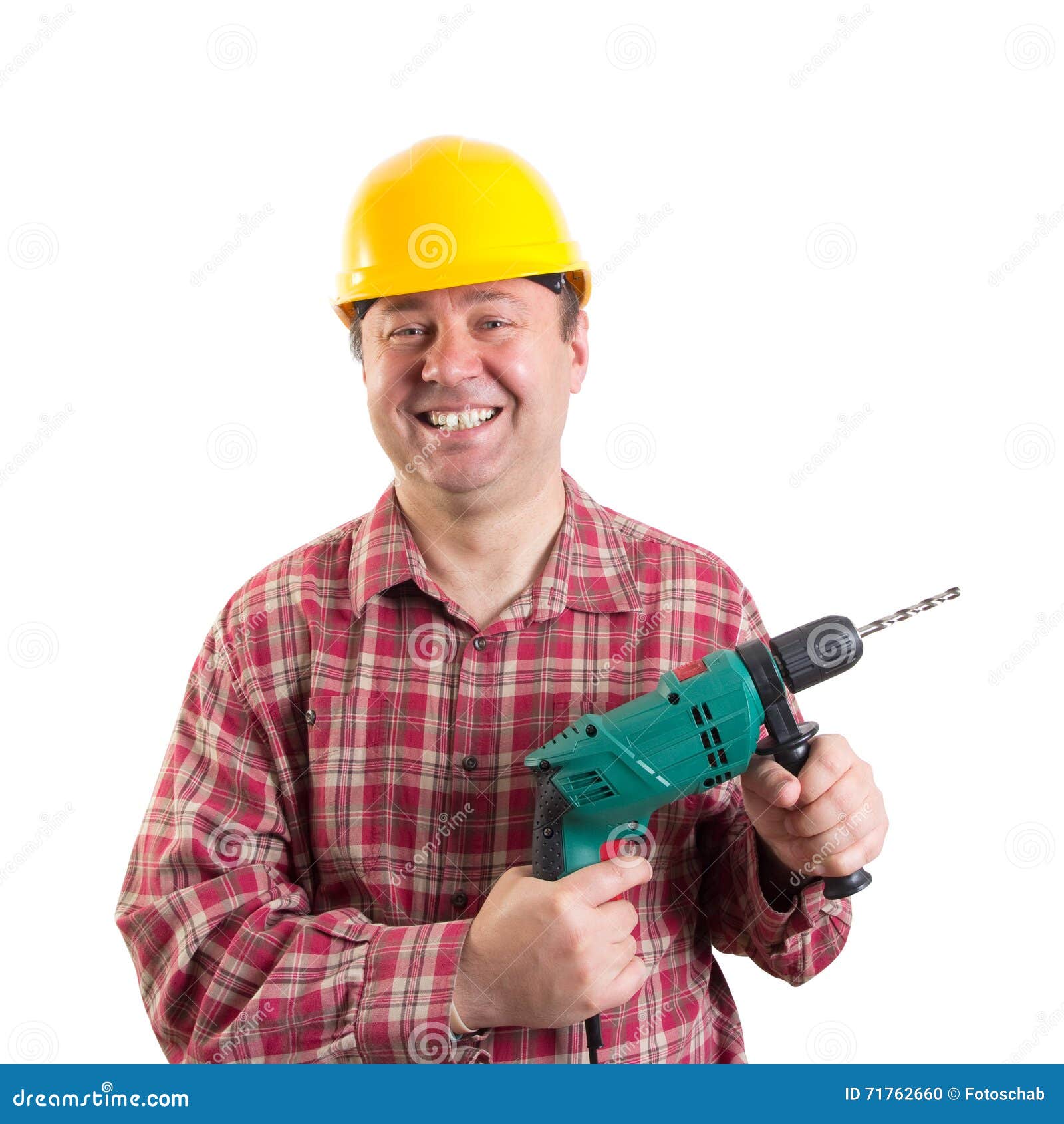 Smiling Workman with a Drill Stock Photo - Image of green, male: 71762660