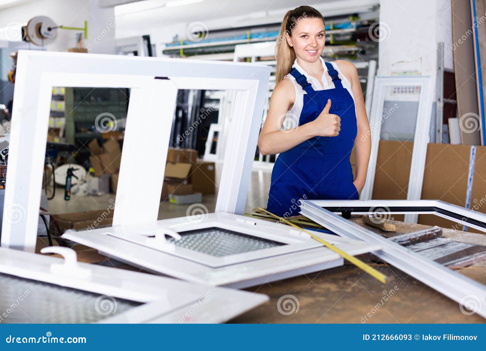 Workwoman With Plastic Window Frame In Workshop Giving Thumbs Up Stock ...