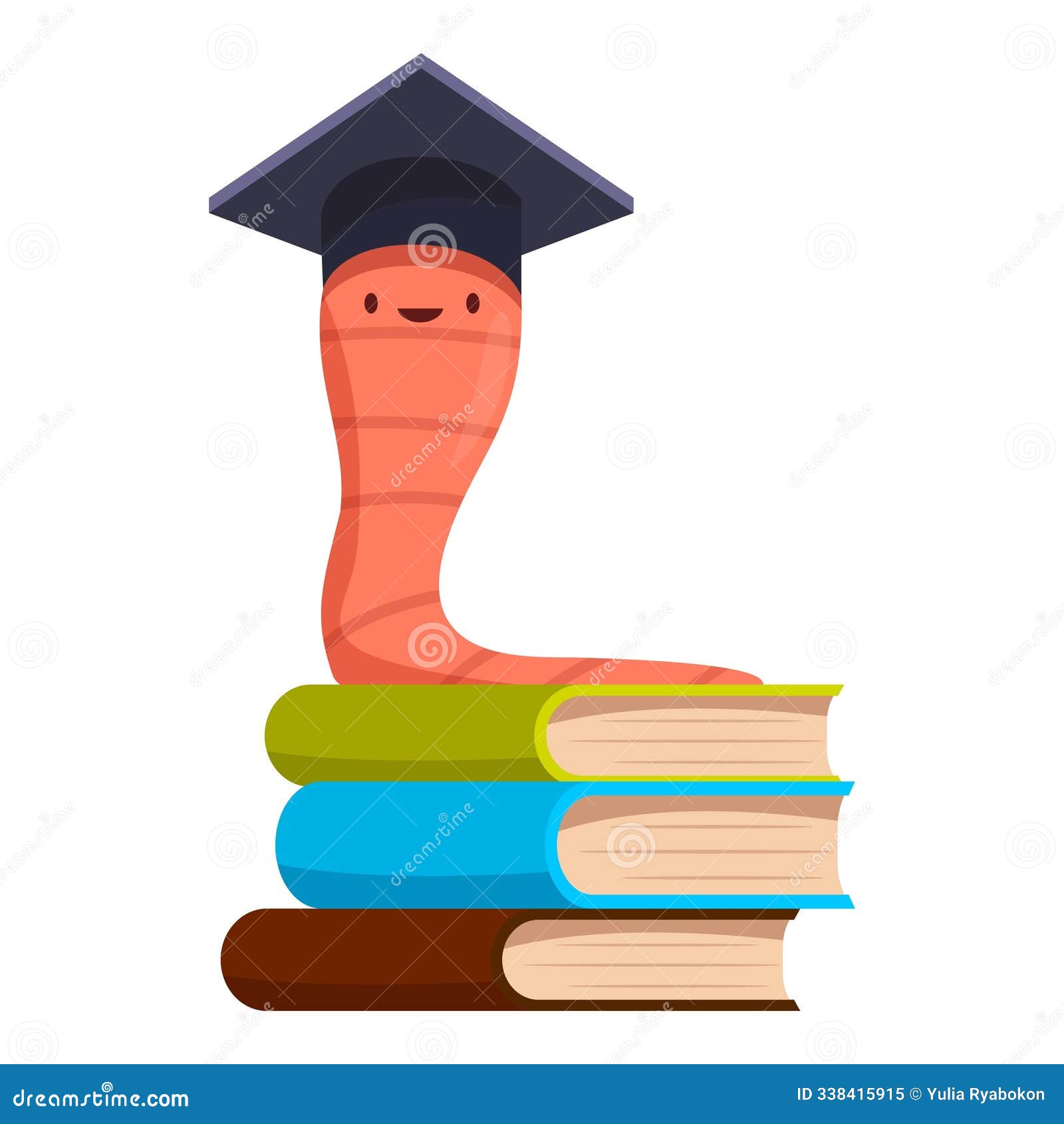 Smiling Worm Wearing Graduation Hat Sitting on Books Stack Stock ...