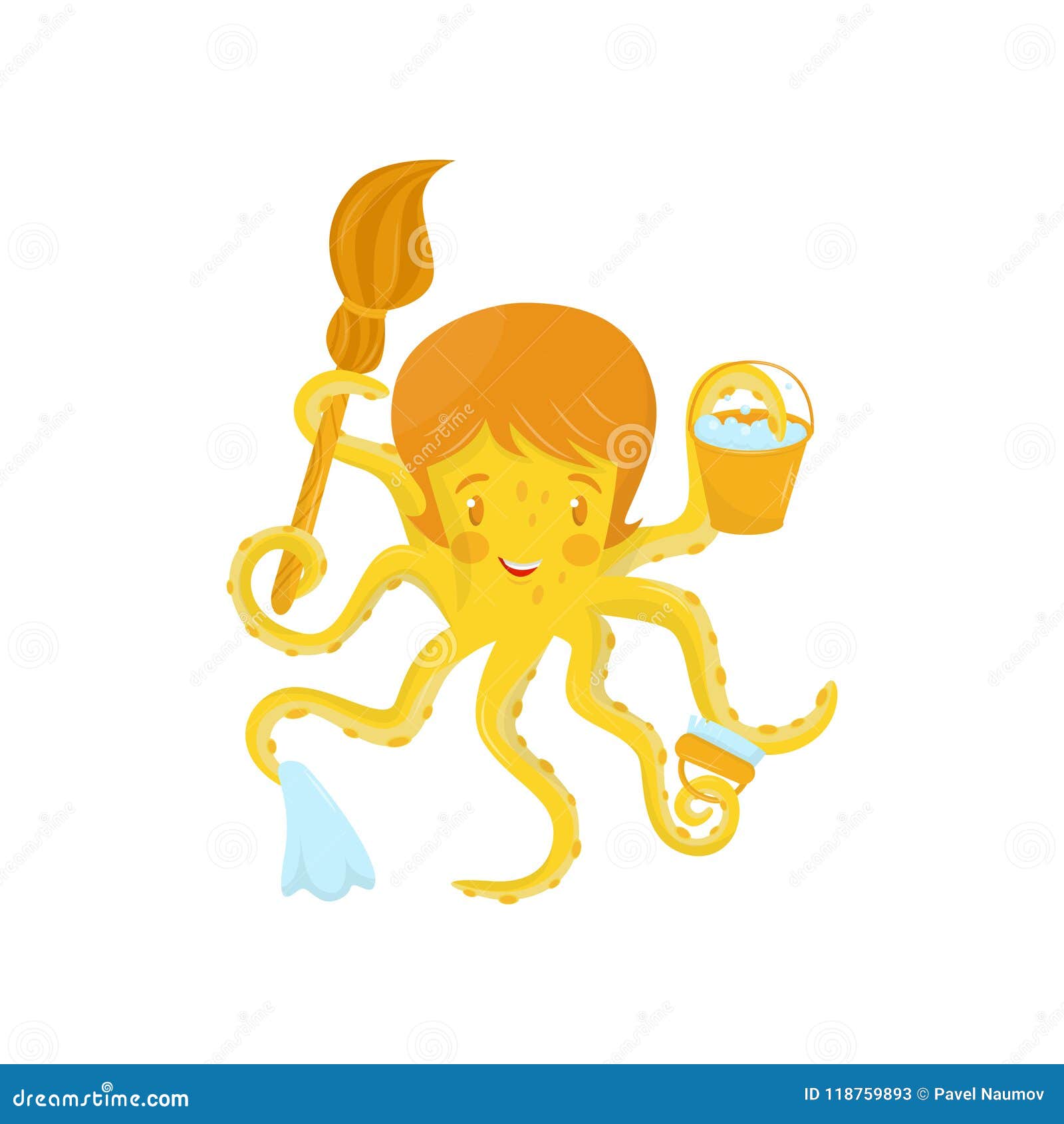 Smiling Yellow Octopus in Role of Cleaner. Sea Creature Holding ...