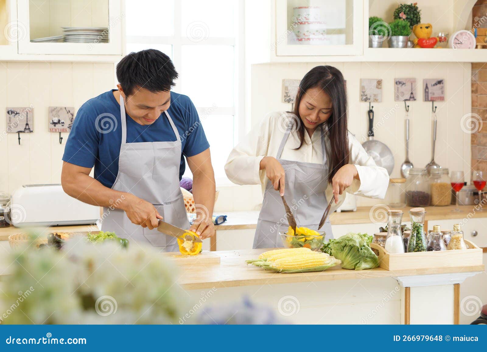 Smiling Young Asian Man And Woman Perfectly Happy Couple Preparing