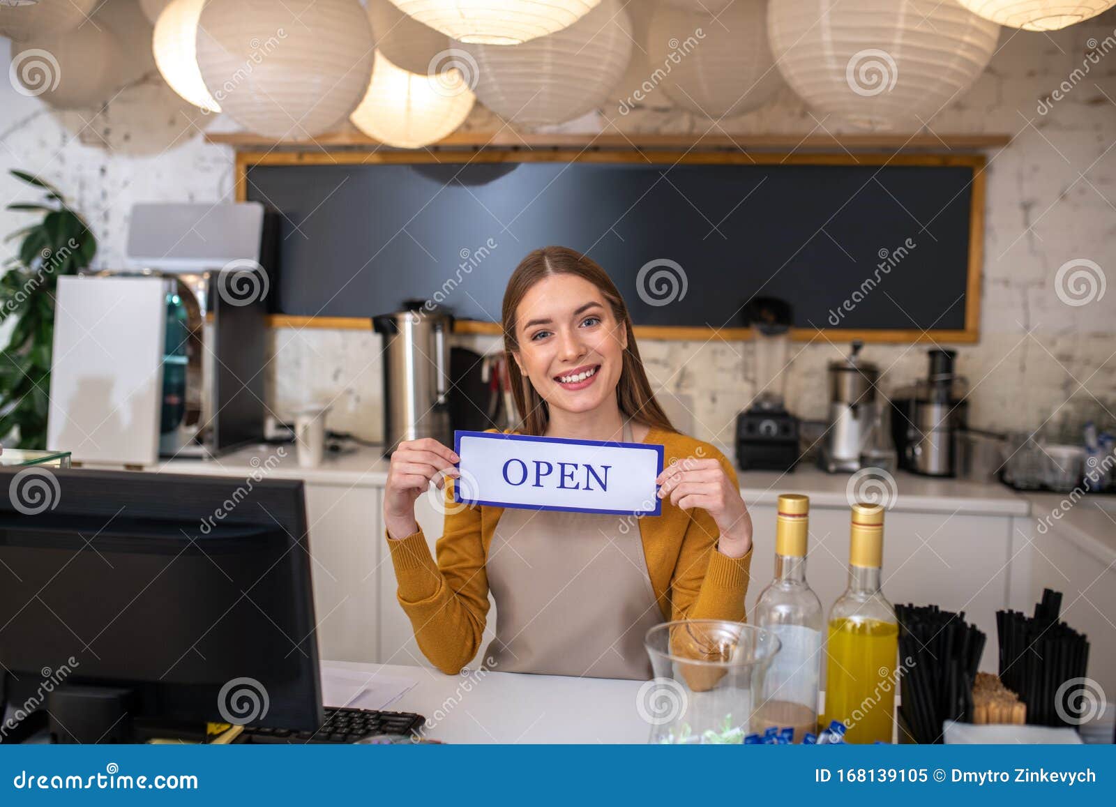 Smiling Young Barista Holding the Open Sign Stock Image - Image of ...