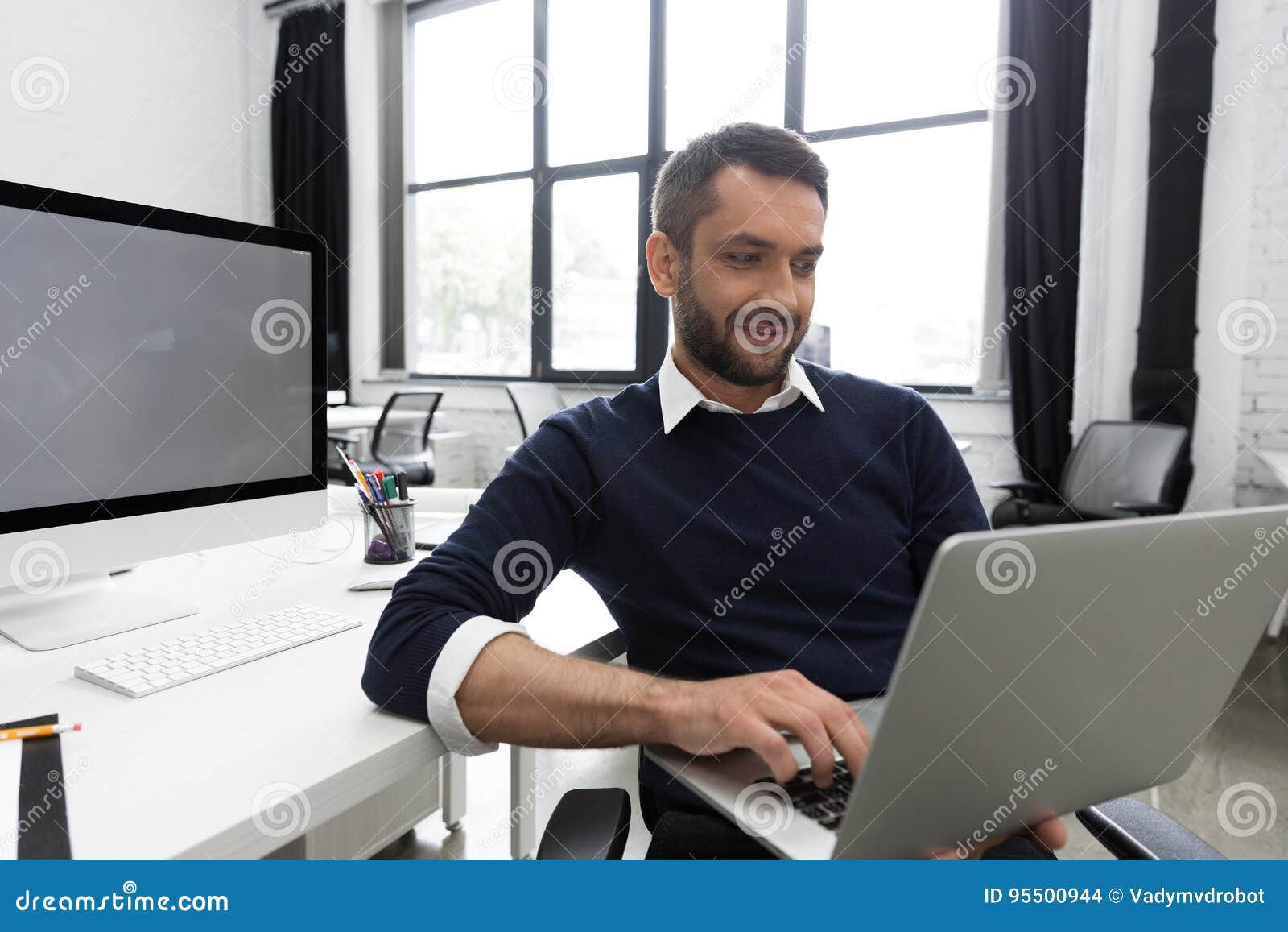 Smiling Young Business Man Using Laptop Stock Photo - Image of happy ...