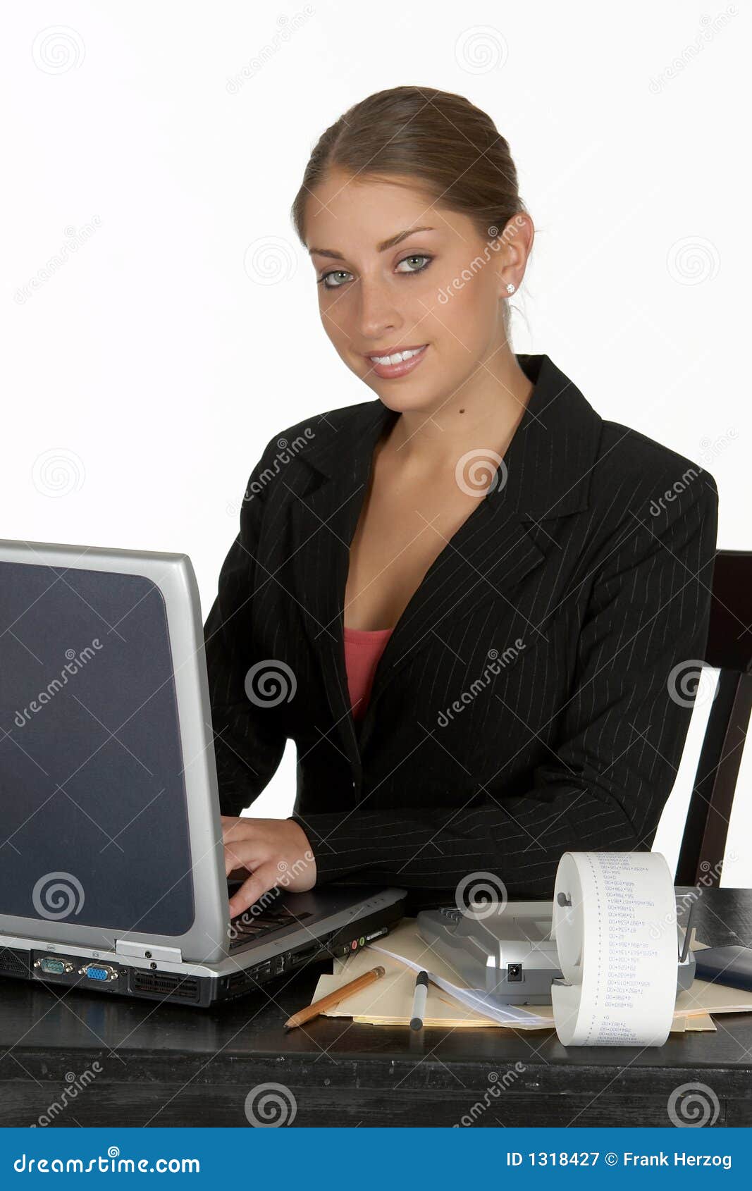 Smiling Young Business Woman at Computer Stock Image - Image of ...