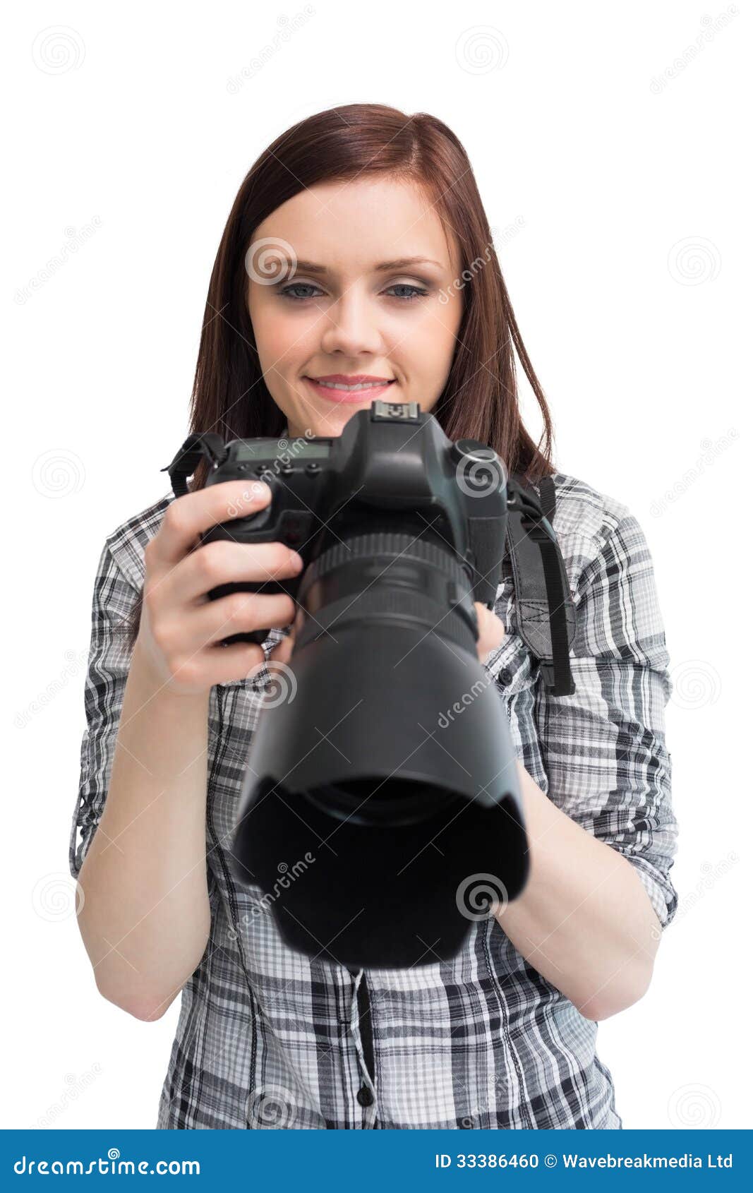 Smiling Young Casual Photographer Posing Stock Photo - Image of check ...