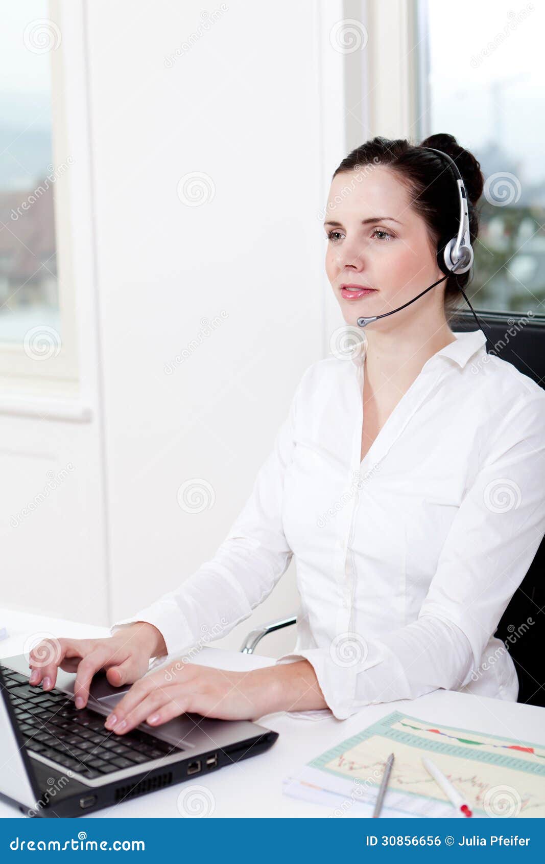 Smiling Young Female Callcenter Agent with Headset Stock Photo - Image ...