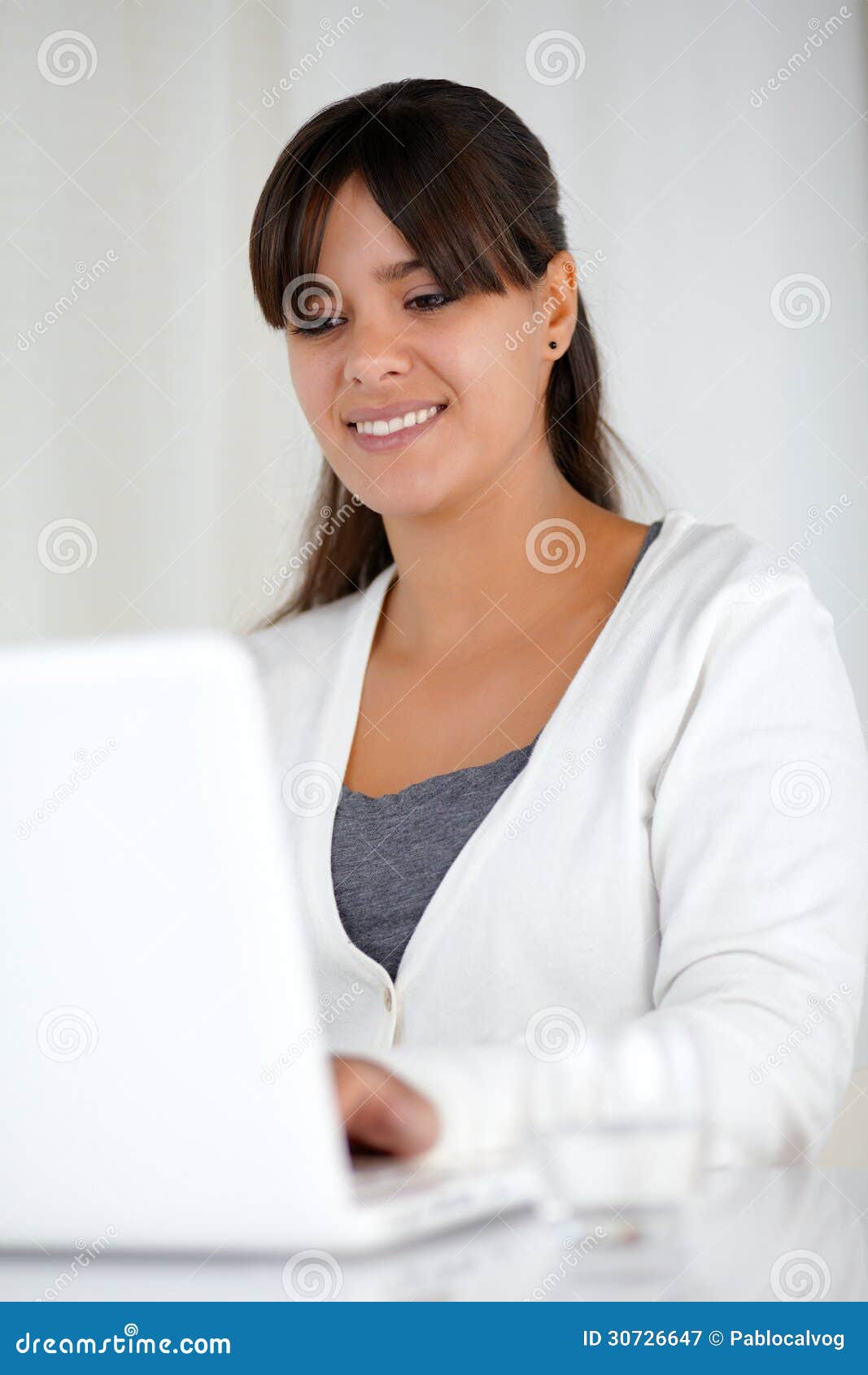 Smiling Young Female Working with Laptop Computer Stock Image - Image ...