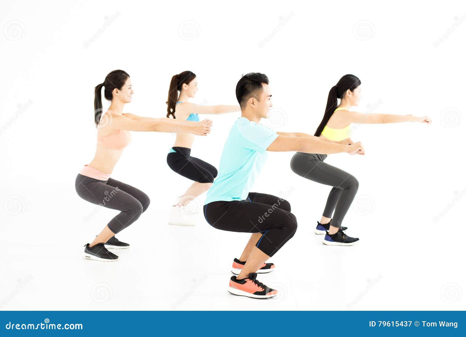 Smiling Young Fit Group Stretching and Squat Stock Image - Image of ...