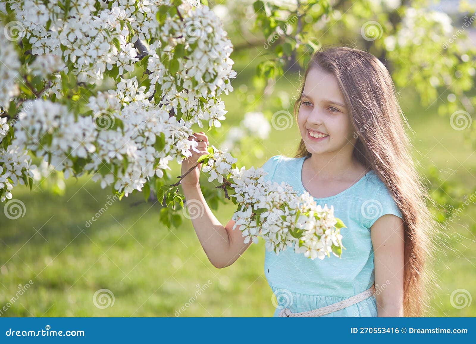 A Smiling Young Girl in a Blooming Apple Orchard Stock Photo - Image of ...
