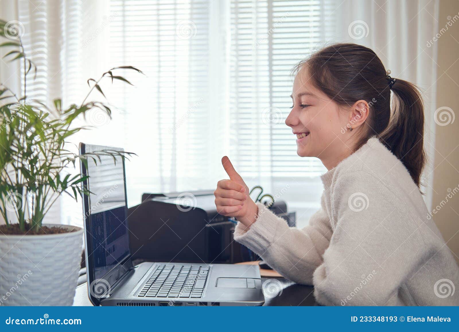 Smiling Young Girl Using Computer at Home Office Workplace Exploring ...