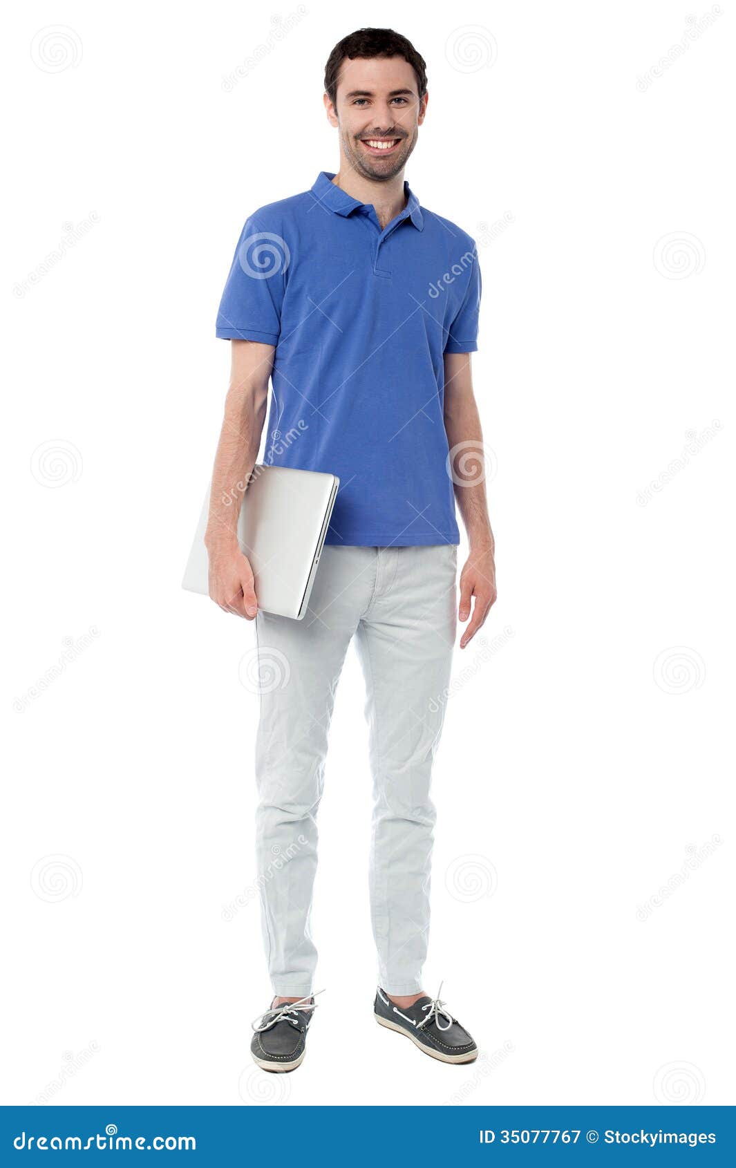 Smiling Young Guy Holding Laptop Stock Image - Image of elegant, laptop ...