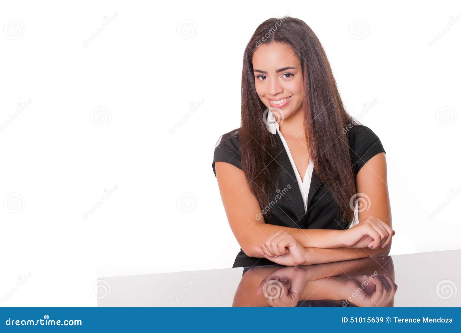 Smiling young lady at desk stock image. Image of work - 51015639