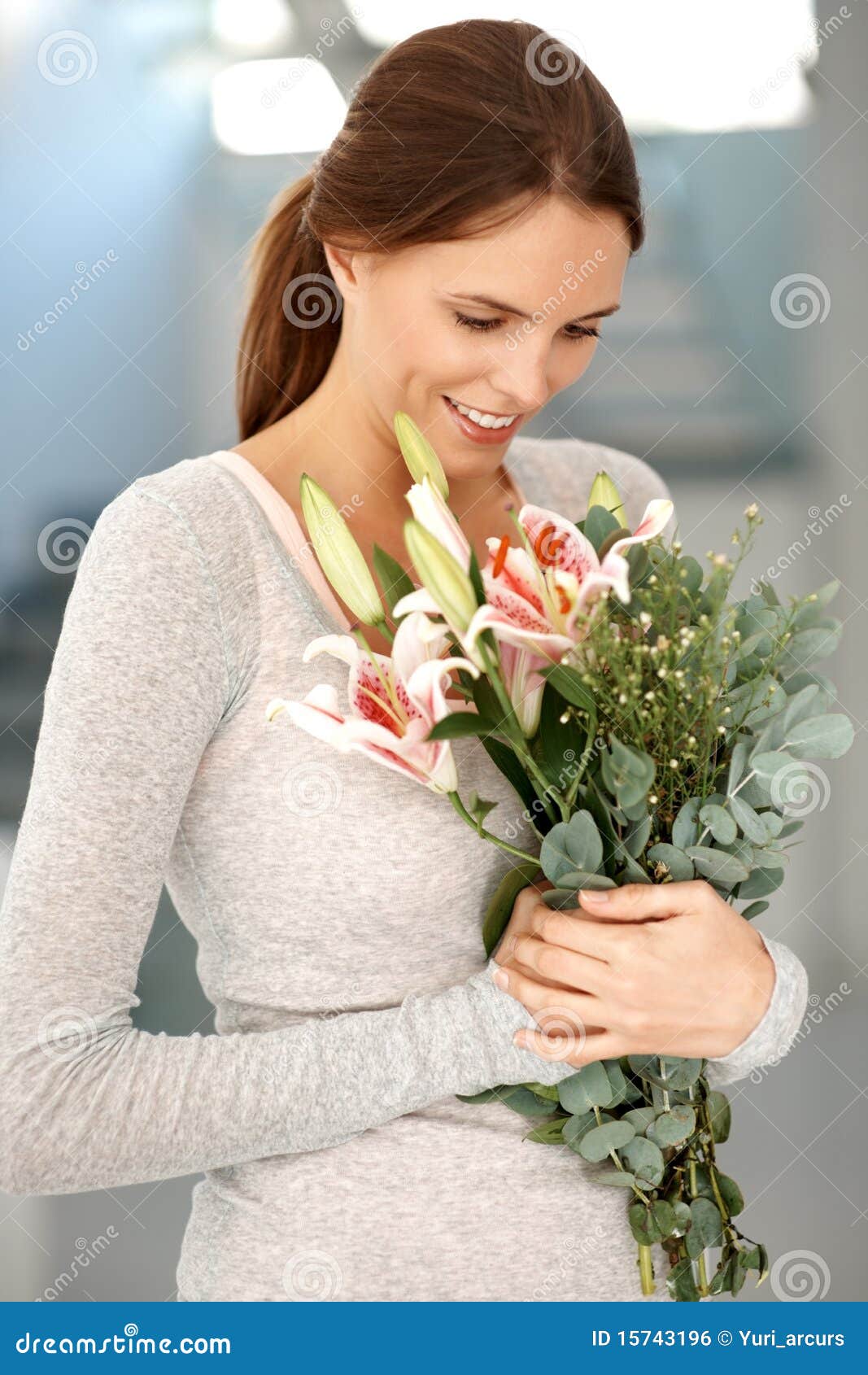 Smiling Young Lady Holding Flower Bouquet Stock Photo - Image of ...