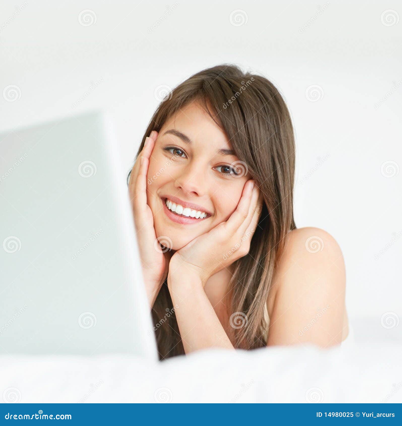 Smiling Young Lady Lying with a Laptop Stock Image - Image of lovely ...