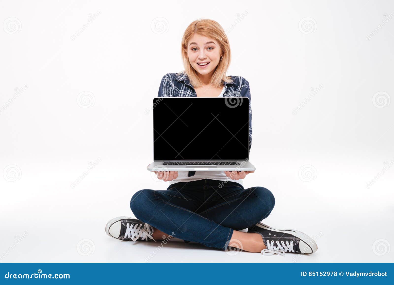 Smiling Young Lady Showing Laptop Computer Stock Photo - Image of ...