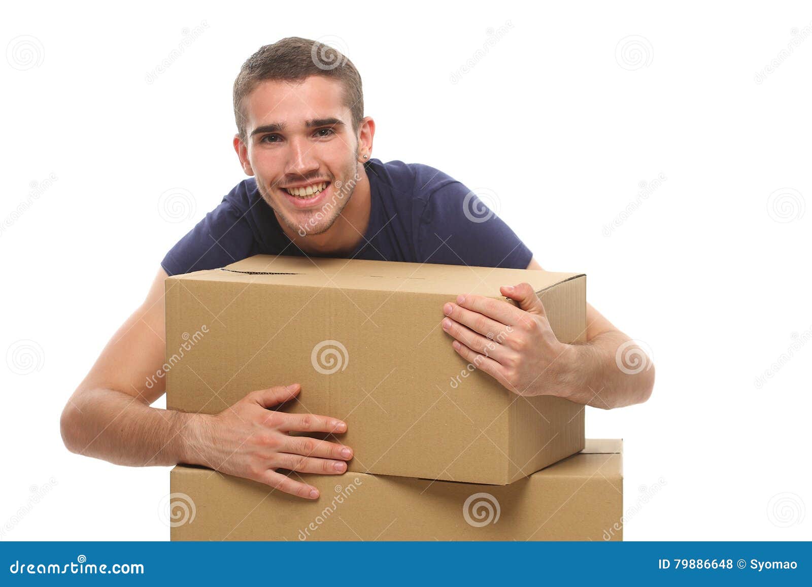 Smiling Young Man with Big Boxes. on a White Background Stock Photo ...